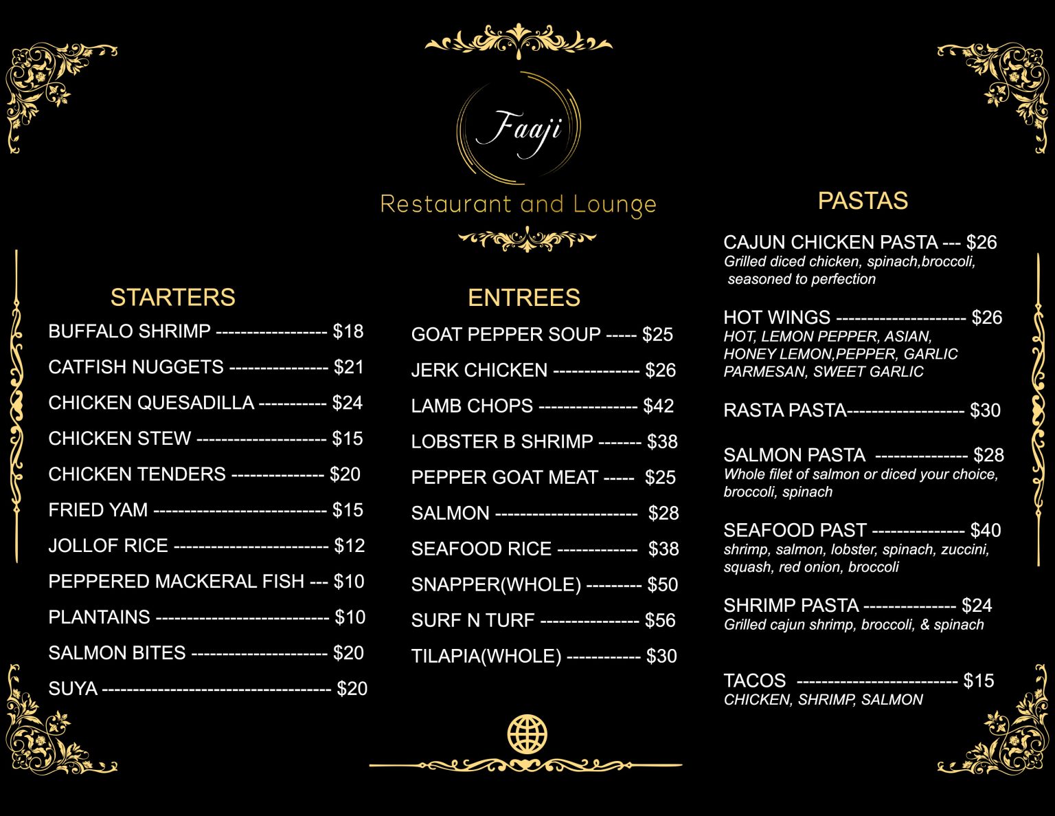 Menu - Faaji Restaurant & Lounge