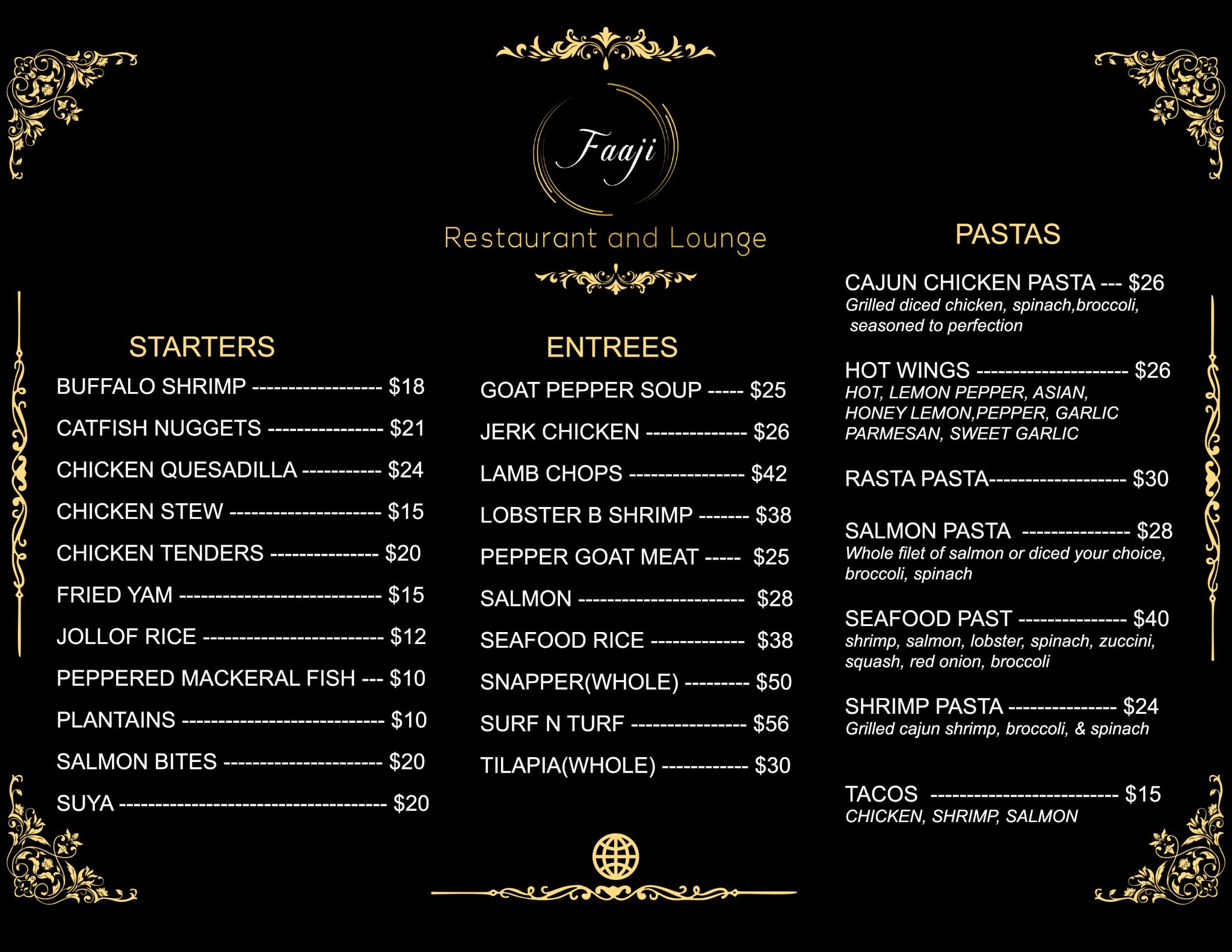 Menu - Faaji Restaurant & Lounge